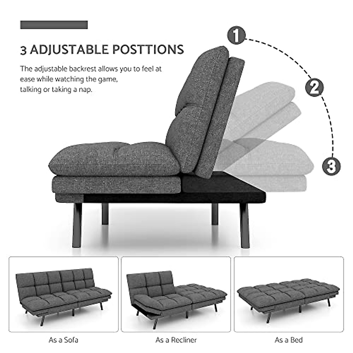 LIFERECORD Futon Bed Modern Convertible Sofa Memory Foam Daybed with Adjustable Armrests for Living Room Apartment Dorm, Graphite Grey