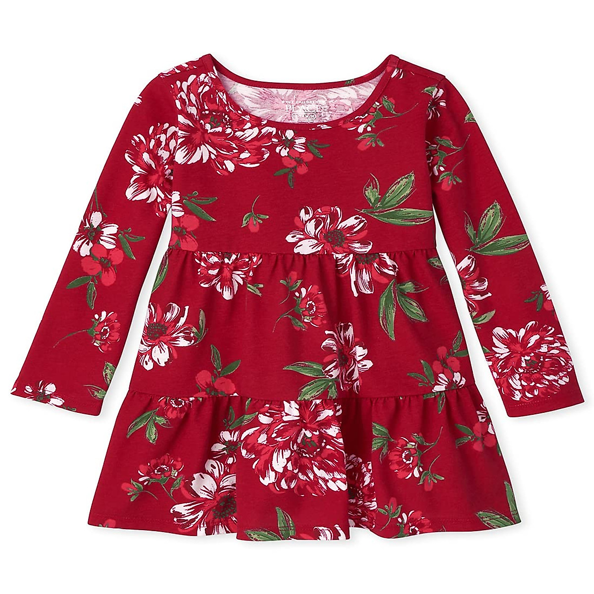 The Children's Place Long Sleeve Floral Print Knit Tiered Dress,CLASSICRED,6-9MONTHS