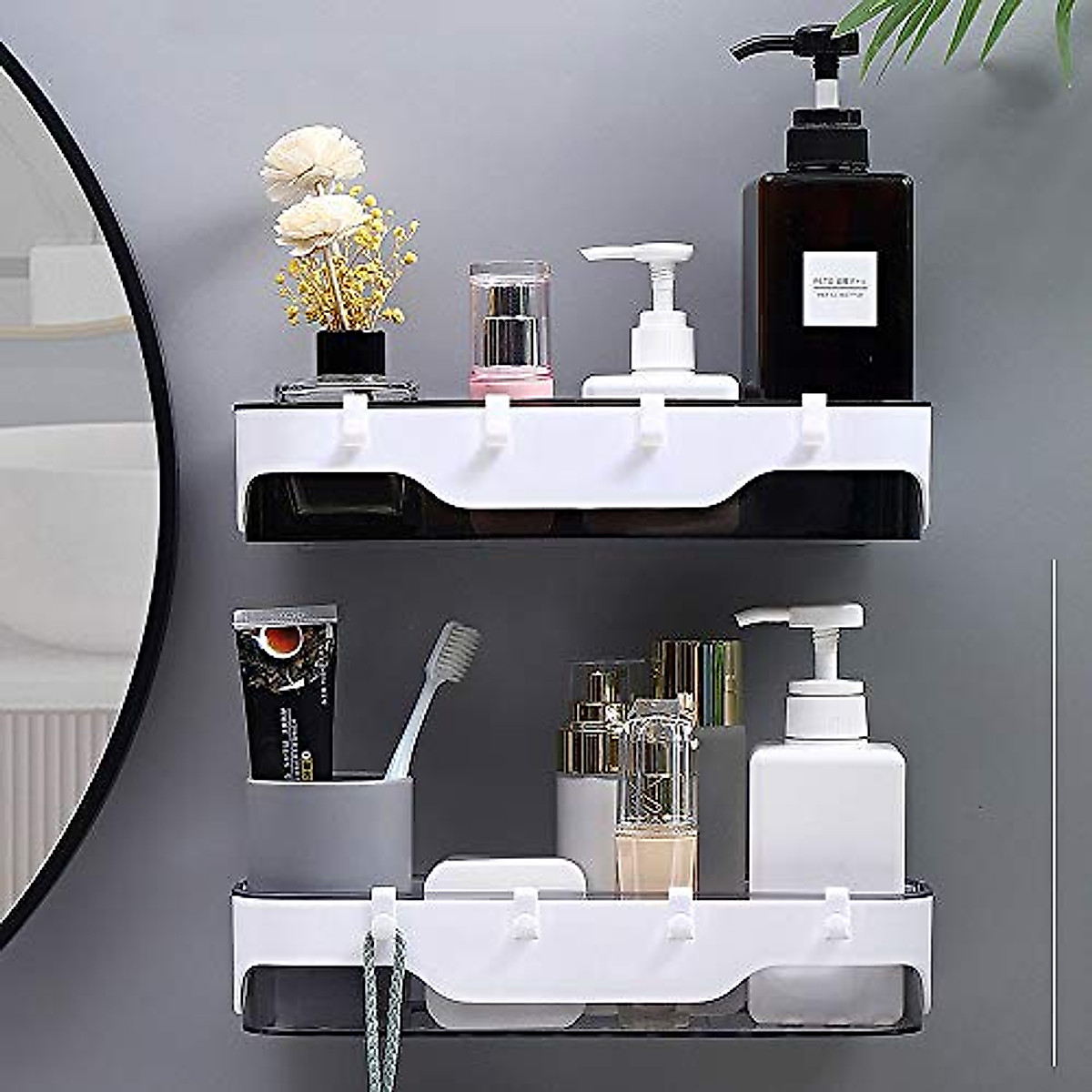Bathroom Shelves with 4 Hooks，Shower Caddy with Adhesive，Racks Strong and Sturdy for Lavatory,Portable,Washroom, Restroom, Shower, Toilet,Kitchen