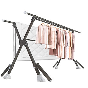 REAMIC 91 inches Folding Clothes Drying Rack Length Adjustable Laundry Clothes Drying Racks Indoor Outdoor Free Installed Collapsible Heavy Duty Foldable Drying Rack with 42 Windproof Hooks