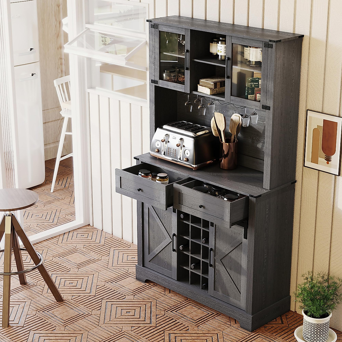 ARTPOWER Wine Bar Cabinet with Sliding Barn Door, 72" Hutch Cabinet with Wine&Glasses Rack, Tall Farmhouse Kitchen Pantry Buffet Cabinet with Drawers for Dining Room, Gray