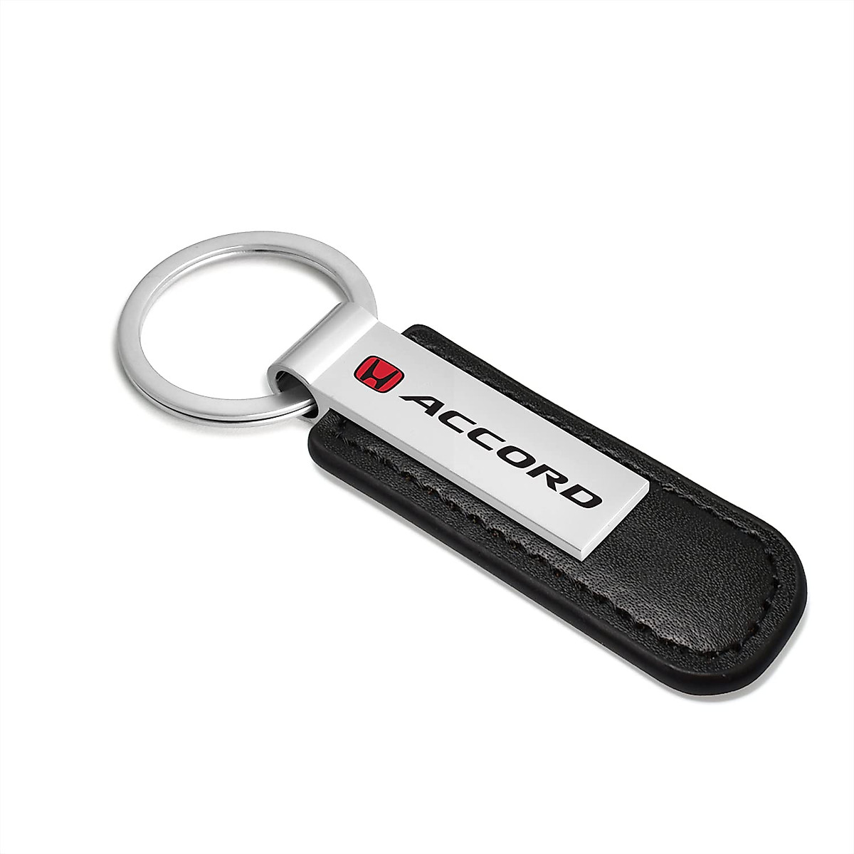 iPick Image for Honda Red Logo Accord Silver Metal Plate Black PU Leather Strap Key Chain Keychain, Official Licensed