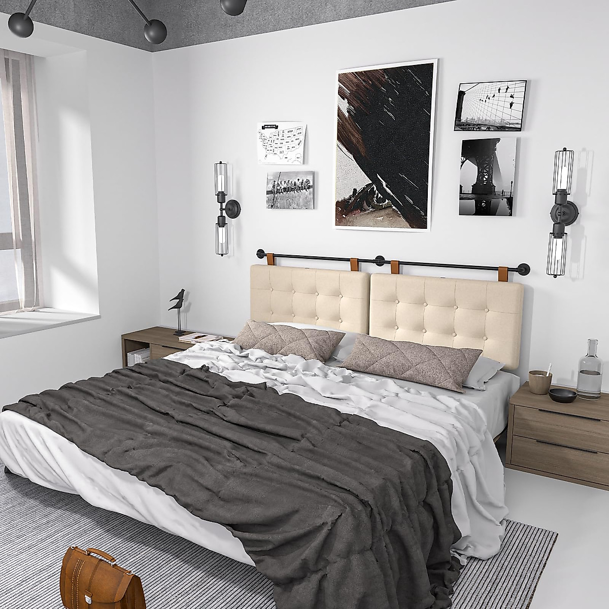 Joyoolife Queen Headboard,Wall Mounted Headboard Queen for Bed with Linen Upholstery and Button Tufted/upholstered headboard, USB Charging Port, Adjustable Height, Hanging Headboard for Bedroom-Khaki