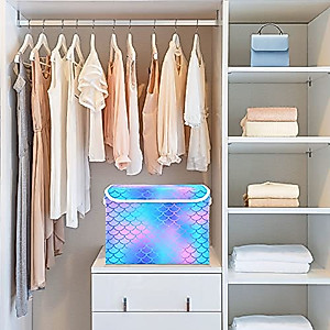 Krafig Magic Fish Mermaid Scale Foldable Storage Box Large Cube Organizer Bins Containers Baskets with Lids Handles for Closet Organization, Shelves, Clothes, Toys