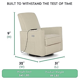 Evolur Harlow Deluxe Upholstered Plush Seating Glide Rocker, Swivel, Power Recliner USB Port with in-Built Massager, Greenguard Gold Certified, Glider Chair for Nursery in Shell