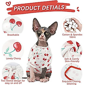 DENTRUN Cherry Pattern Sphynx Hairless Cats Shirt, Pullover Kitten T-Shirts with Puff Sleeves, Breathable Cat Wear Cute Turtleneck Sweater Adorable Cat's Clothes Vest Pajamas Jumpsuit, XS