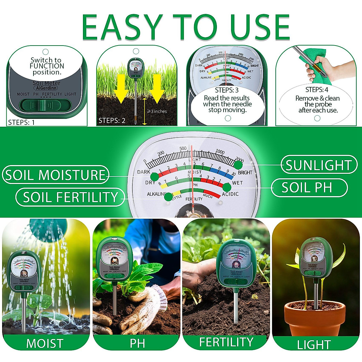 AiGerdinn Soil Test Kit, Soil Moisture Meter/Light/Fertility/Soil PH Meter for Gardening, No Need Battery Soil Tester for Indoor&Outdoor Garden,Farm,Lawn -GrassGreen