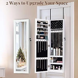 LUXFURNI Jewelry Cabinet, Wall-Mount/Door-Hanging Full Length Mirror With Storage, Lockable Armoire Organizer, Built-in Makeup Mirror, White
