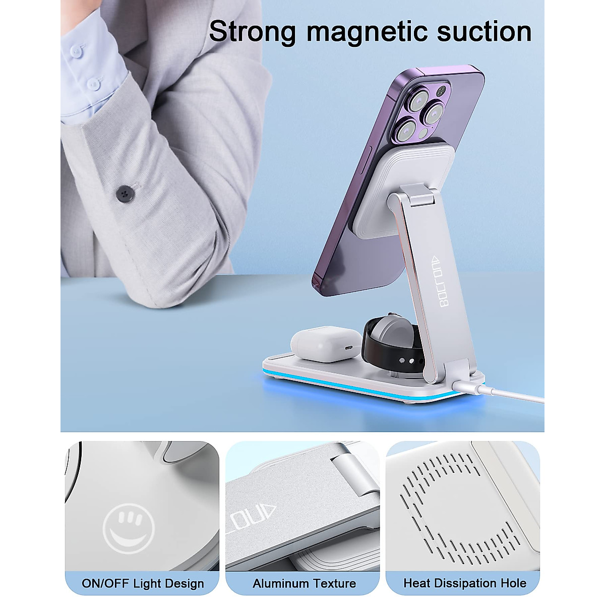 3 in 1 Wireless Charging Station Mag-Safe, BOCLOUD Aluminum Alloy Foldable Stand Portable Fast Charger for iPhone 14,13,12 Pro Max/Pro/Mini, iWatch 8/SE2/7/6/SE/5/4/3/2, AirPods Pro/3/2, white