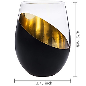 MyGift Matte Black & Gold Stemless Wine Glass Set of 4, Elegant Anniversary Wine Glasses