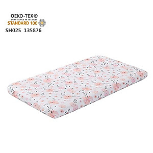 PINNKKU 3-Piece Mini Crib Bedding Set for Girls, Mini/Portable Crib Bedding Set for Girls, Blush Pink Flower Crib Skirt, Blanket, Crib Sheet, Fits Mini Crib Only