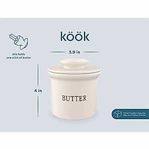 Kook Butter Keeper Dish, French Ceramic Crock with Lid, Embossed Container, For Soft Butter (Oatmeal)