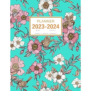 Planner 2023-2024: 8.5 x 11 Large Notebook Organizer with Hourly Time Slots | May 2023 to April 2024 | Peaceful Flower Bird Design Turquoise