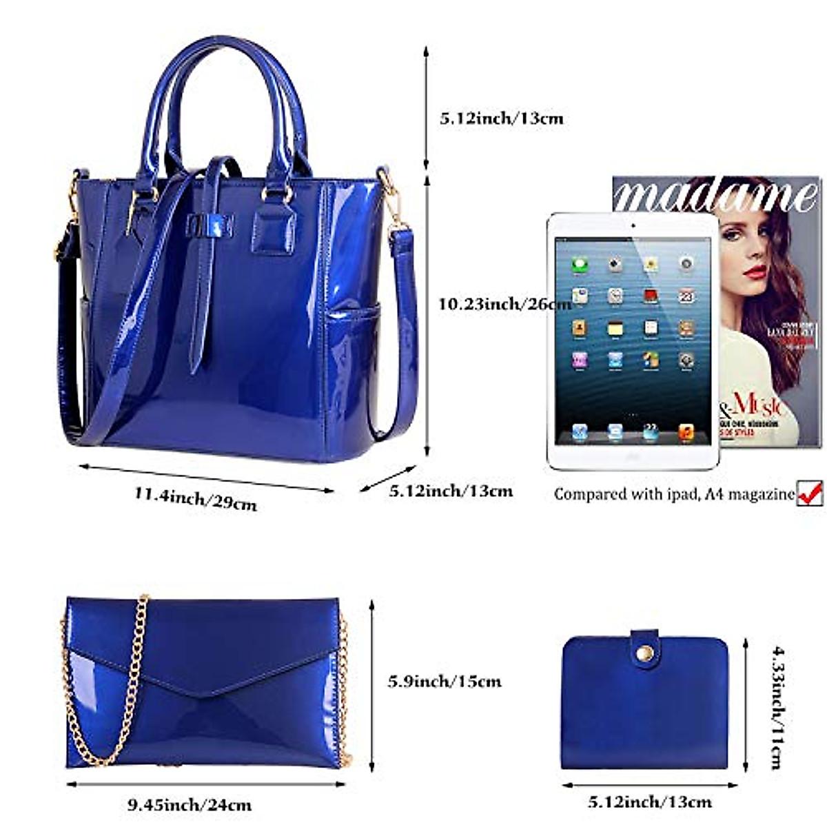 Chikencall® Women Fashion Handbags Patent Leather Tote Purses Ladies Shoulder Bags Top Handle Chain Satchel Purse Set 3pcs Black