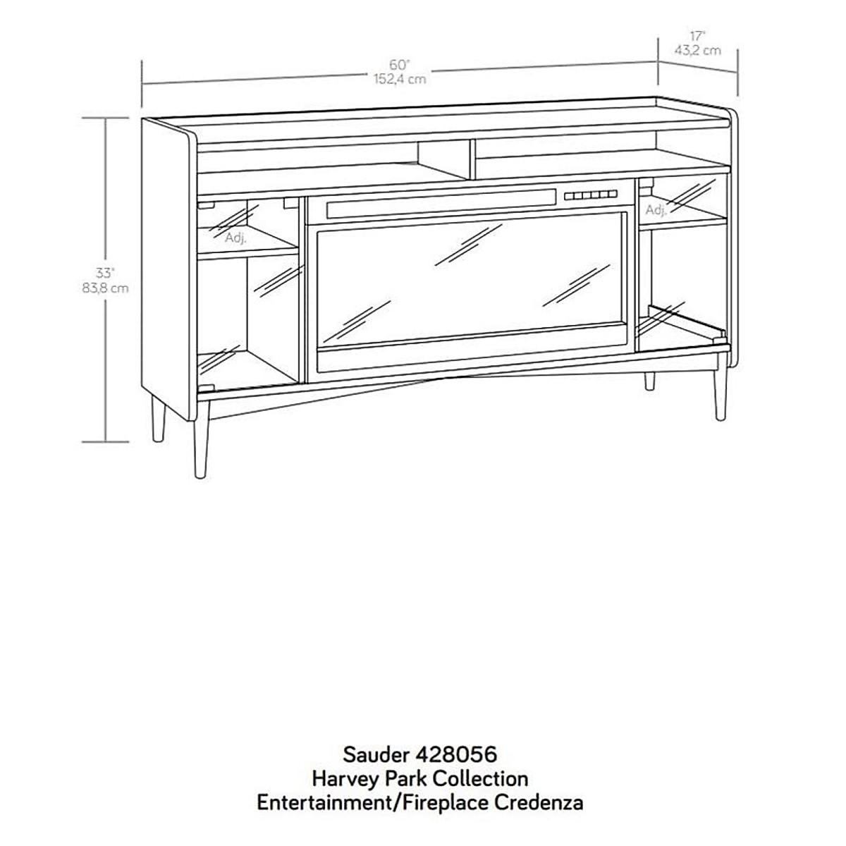 Sauder Harvey Park Fireplace TV Credenza with Glass Doors, Jet Acacia Finish