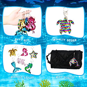24 Pcs Mermaid Sequin Keychains Ocean Theme Kids Keychains Tropical Rainforest Theme Keychains Reversible Girls Christmas Party Favor Key Chains Glitter Key Chains for Adults Kid (Ocean Style)