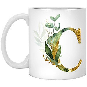 Alpha/C Graphic Letter C Coffee Mug - Alphabet Monogram C - Gold Shimmer Floral Tea Hot Chocolate Cup For Her Birthday Christmas Mothers Day - 11oz