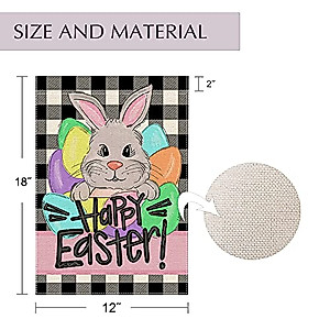 PANDICORN Happy Easter Garden Flag 12x18 Inch Double Sided, Black Buffalo Plaid Check Spring Easter Bunny Eggs Decorations, Small Vertical Welcome Holiday Decor for Outdoor Yard Garden