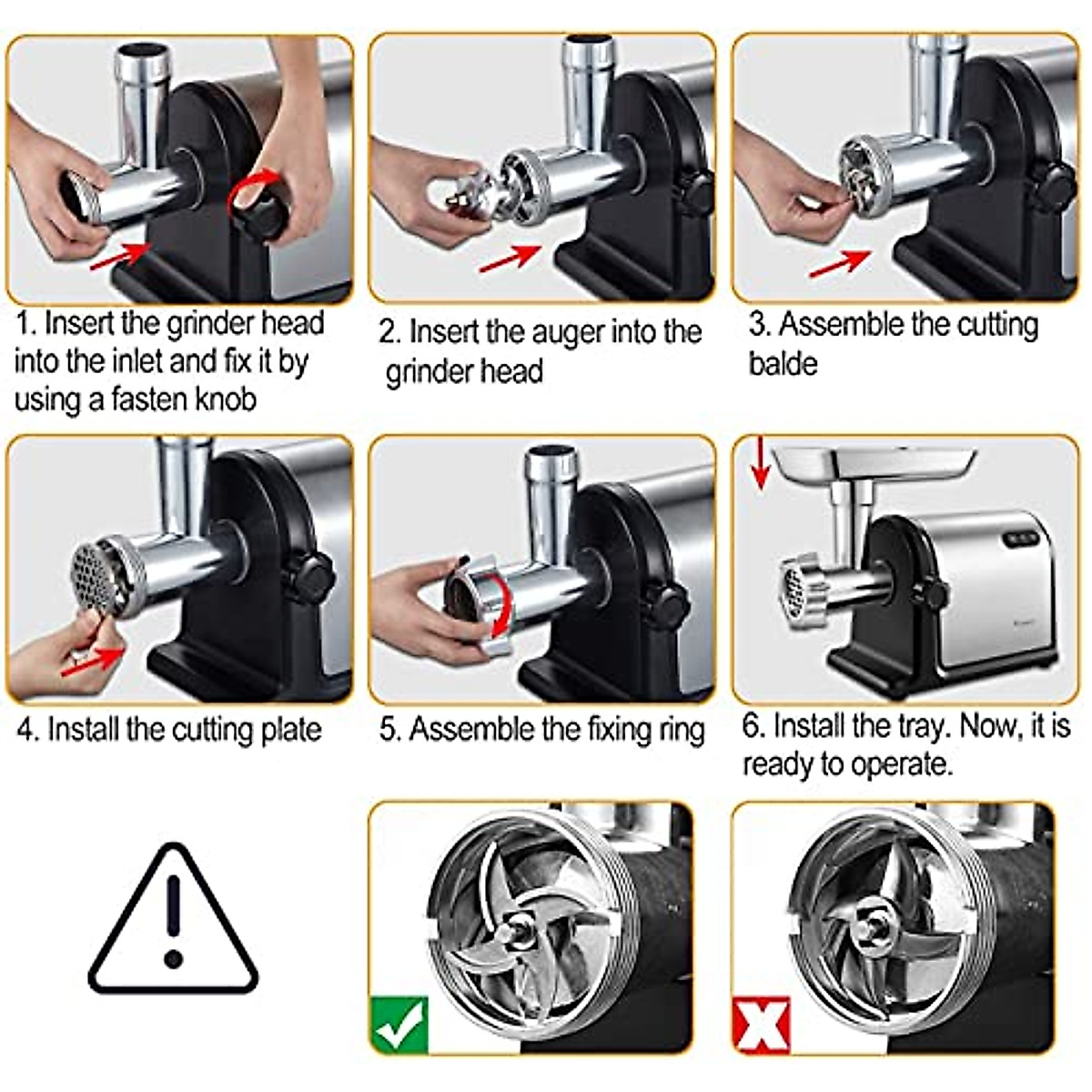 AAOBOSI Electric Meat Grinder 【3000W Max 】Heavy Duty Stainless Steel Meat Mincer with 3 Grinding Plates, 3 Sausage Stuffer Tubes & Kubbe Attachments,Easy One-Button Control