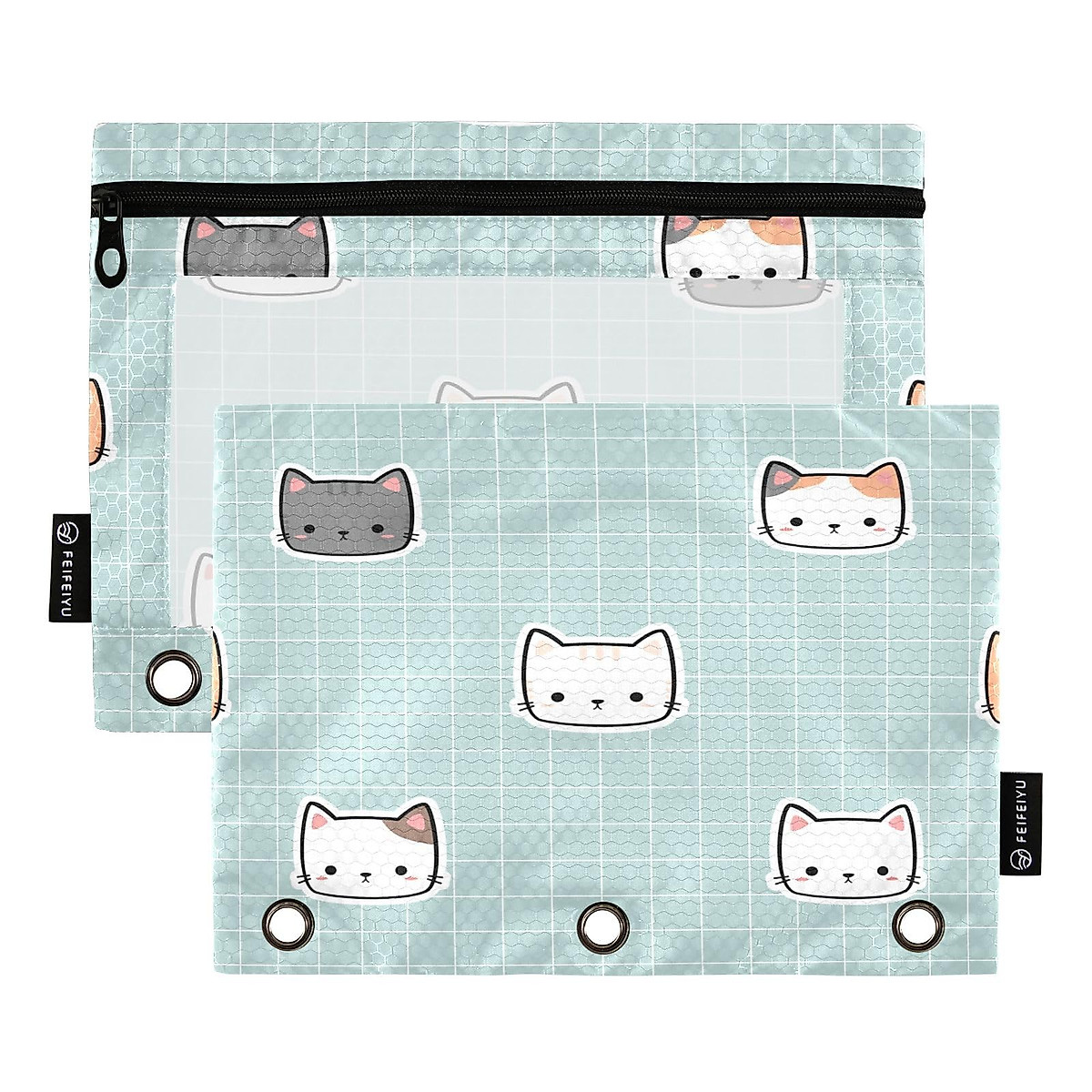 MAOBLYR Cute Cat Kitty Standard 3-Ring Zipper Clear Binder Pocket,Large Capacity Office 7 x 9In (2 PCS)