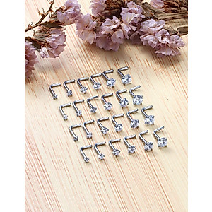 Kridzisw 20G Nose Rings Stud Piercing Jewelry for Women 20Gauge Stainless Surgical Steel Silver Stud Nose Ring L Shaped Bend Curved Nose Nostril Ring Stud Piercing Jewelry Men 1.5mm 2mm 2.5mm 3mm 4mm