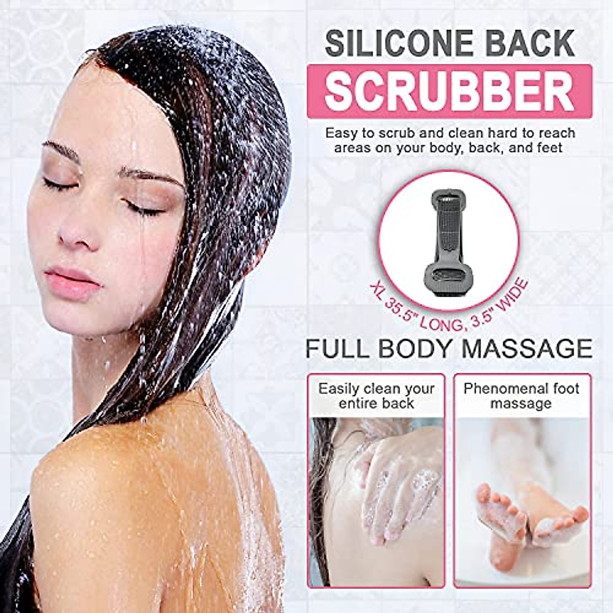 35.5"/90cm Silicone Back Scrubber for Shower Extra Long Double Sided Body Brush and Massage for Men and Women Fast Drying Travel Ready (Grey)