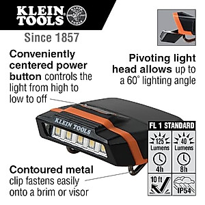 Klein Tools 56402 LED Light, Cap Visor Clip Light has Pivoting Head, 2xAAA Batteries, for Work, Running, Outdoor Hiking, Camping, Fishing