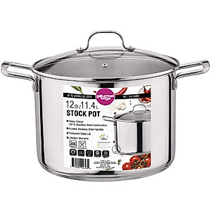 Gourmet Edge 12-Quart Stock Pot - Stainless Steel Soup Pots with Lid as Dishwasher and Oven Safe Cookware, Silver