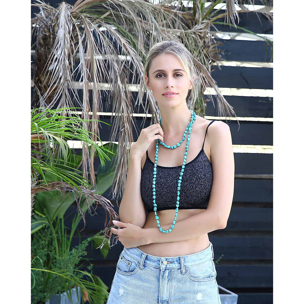 POTESSA Turquoise Beads Endless Necklace Long Knotted Stone Multi-Strand Layer Necklaces Handmade Jewelry 47''