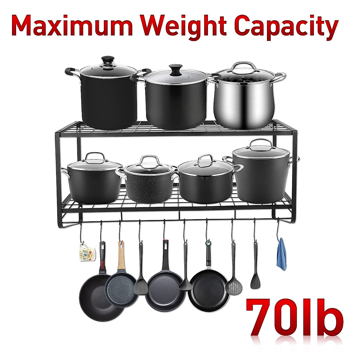Amtiw Hanging Pot Rack, 2 Tier Pan Rack, Wall Mounted Pot Holders for Kitchen Storage, Pot and Pan Organizer with 10 Hooks, Ideal for Pans Set, Utensils, Cookware, Household
