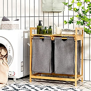 Giantex Bamboo Laundry Hamper with Dual Compartments, 2-Section Laundry Sorter w/Removable Sliding Bags & Shelf, Laundry Basket w/Handles, Utility Laundry Storage Organizer for Bathroom Bedroom