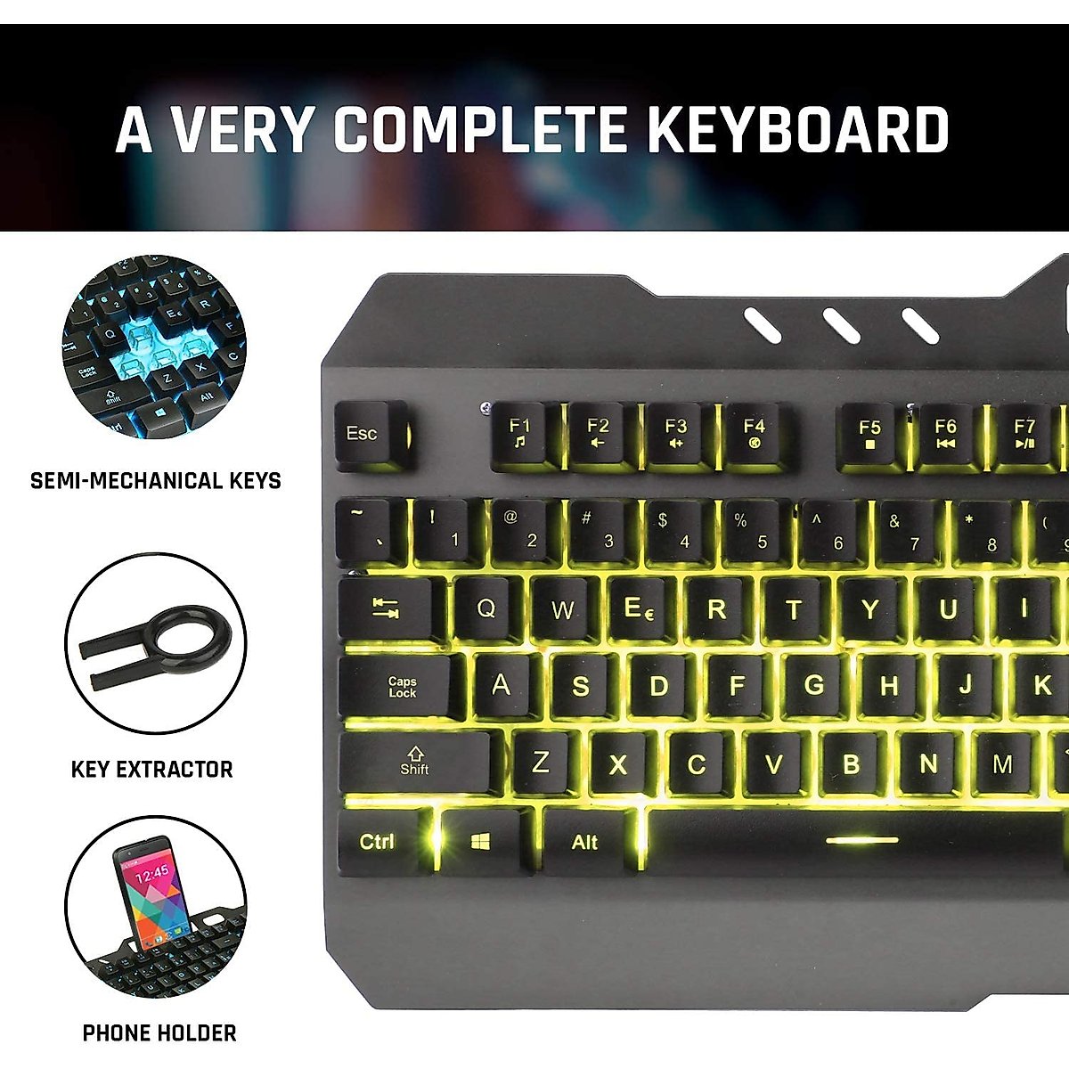 Klim Lightning Semi Mechanical Gaming Keyboard + 7 LED Colors + Metal Frame + Compatible with PC Mac PS4 ps5 Xbox One + Wired Hybrid Keyboard (Renewed)