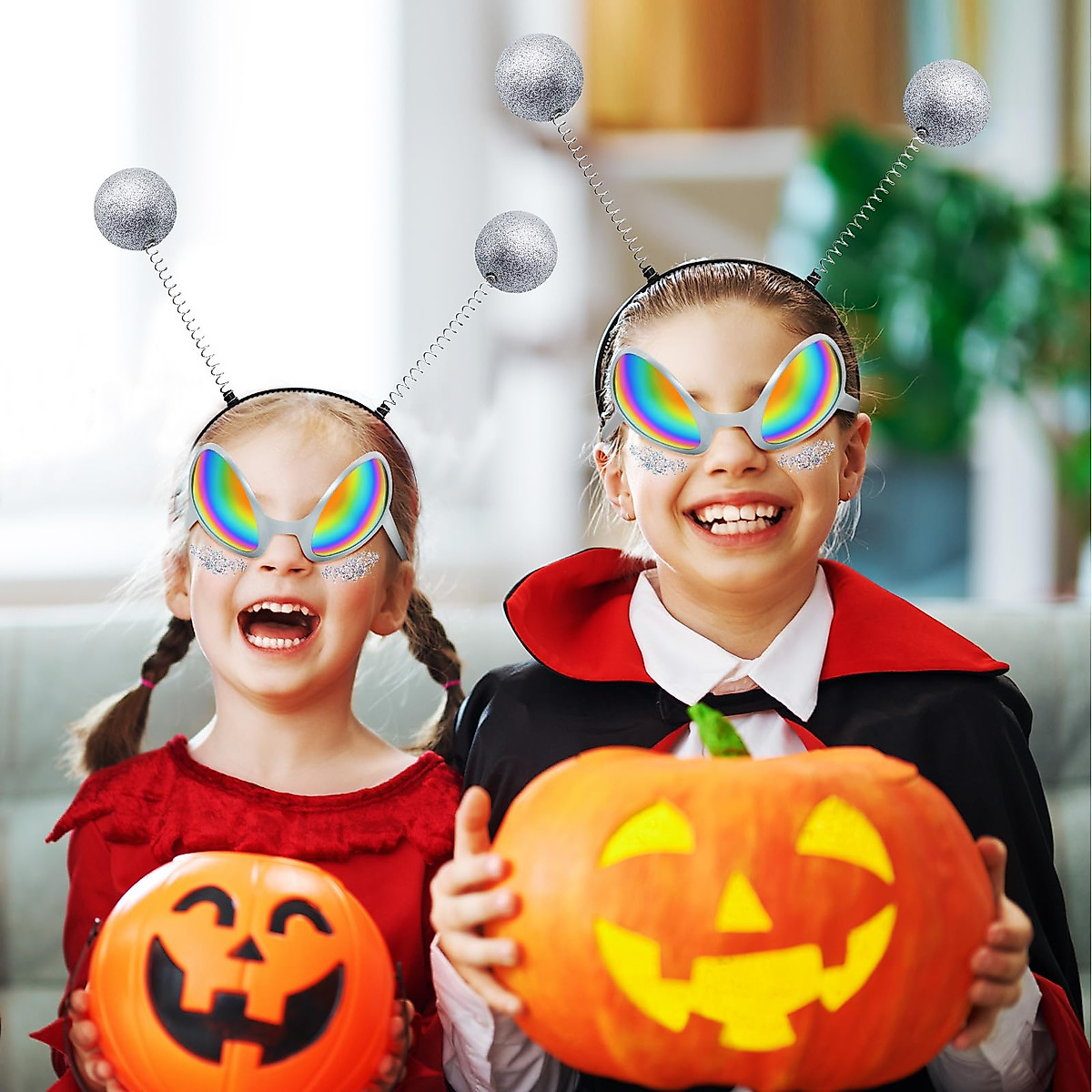 Farochy Costume Headwear - Silver Alien Headband with Glasses and Holographic Glitter, Halloween, Cosplay Party, Christmas, Birthday, Unisex, Partygoers, Families, All Ages