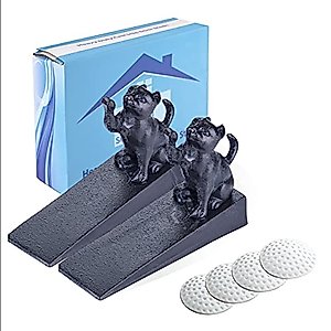 Smart Urban Home 2 x Cat Cast Iron Doorstops – Anti-Slip Anti-Scratch Pads - Bonus 4 x Wall Protectors/Bumpers - Decorative Antique Animal Door Stops - Home, Office, Farmhouse