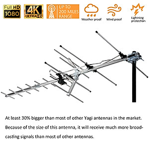 Five Star TV Antenna Indoor/Outdoor Yagi Satellite HD Antenna with up to 200 Mile Range - Attic or Roof Mount TV Antenna, Digital OTA Radio/FM Antenna for 4K 1080P with Mounting Pole