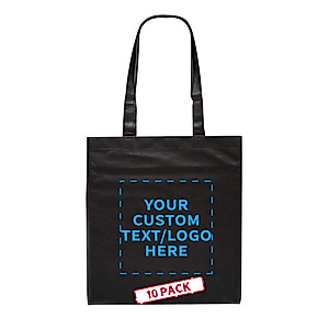 Tote Bags - Non-Woven Bag Totes - 10 pack - Customizable Text, Logo - Reusable Polypropylene Cloth Fabric - Black