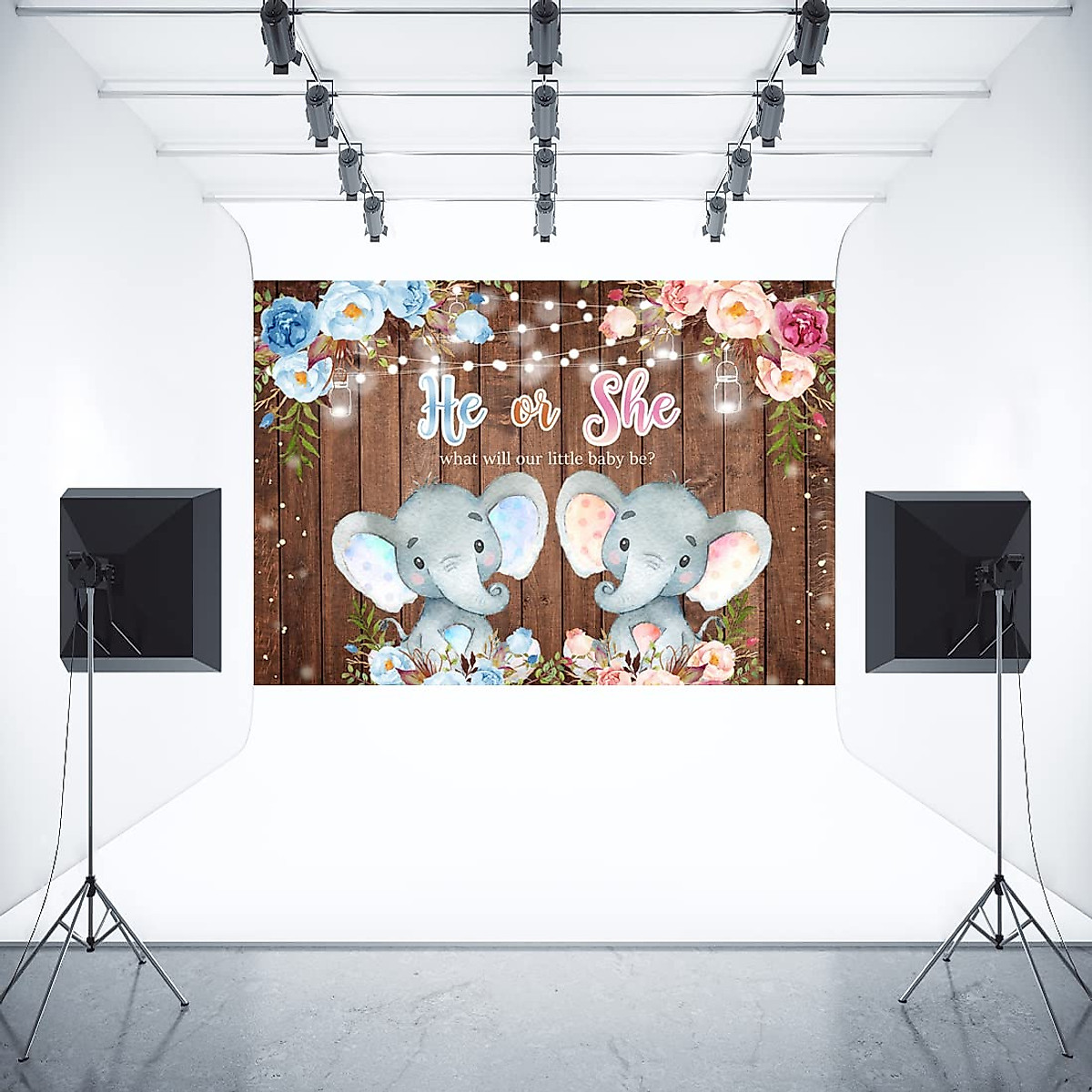 Aperturee 7x5ft Elephant Gender Reveal Backdrop He or She Pink or Blue Boy or Girl Floral Flower Rustic Wood Floor Baby Shower Photography Background Party Decorations Banner Photo Studio Props