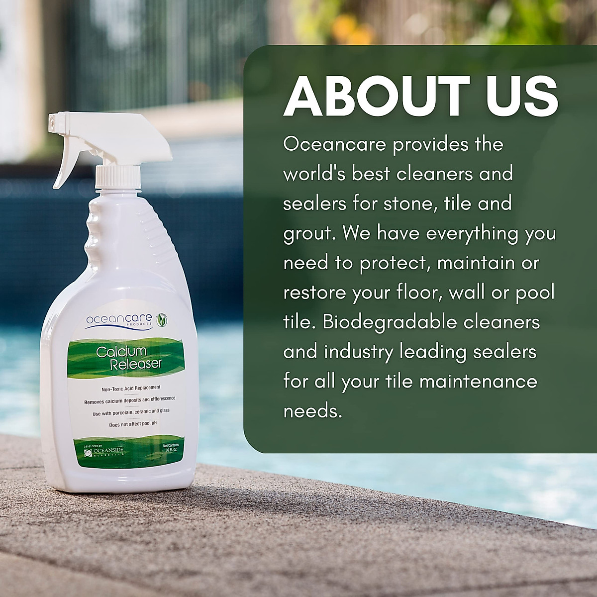 OCEANCARE Products - Calcium Releaser - Quart Trigger Spray, 32 FL OZ - Pool Tile Cleaner Calcium Remover, Safe on Glass, Porcelain, and Ceramic Surfaces - Calcium Cleaner - Tile and Grout Cleaner