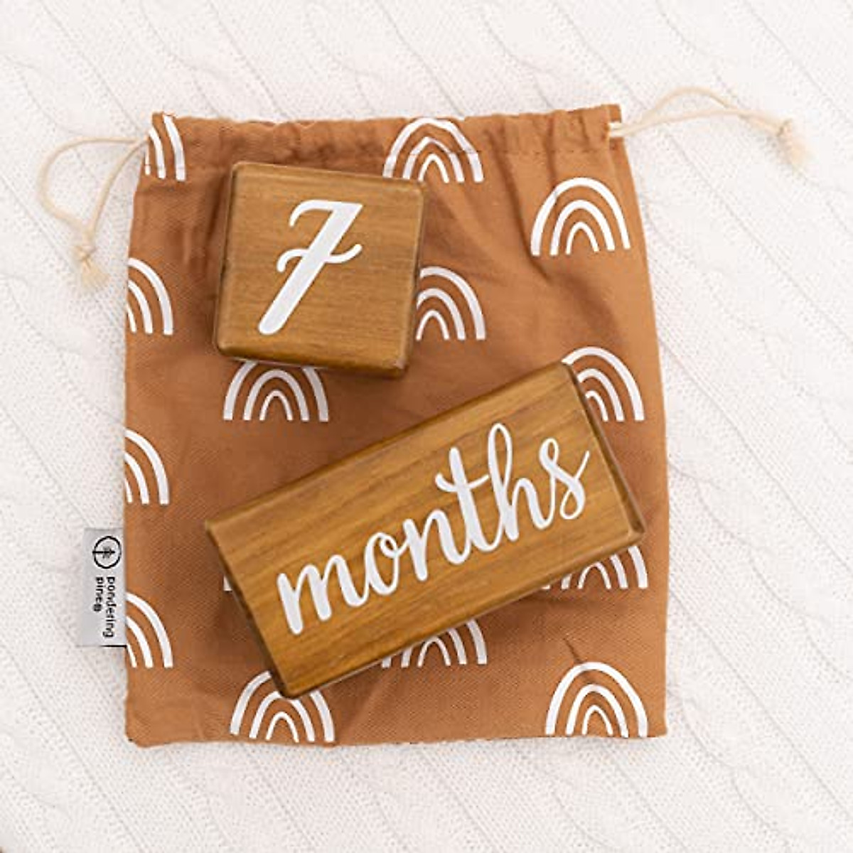 Pondering Pine Baby Milestone Blocks - Natural Pine Wood with Weeks Months Years Grade - Milestones Age Block Set with Boho Rainbow Bag, Newborn Weekly Monthly First Year Picture Props, Earth Friendly