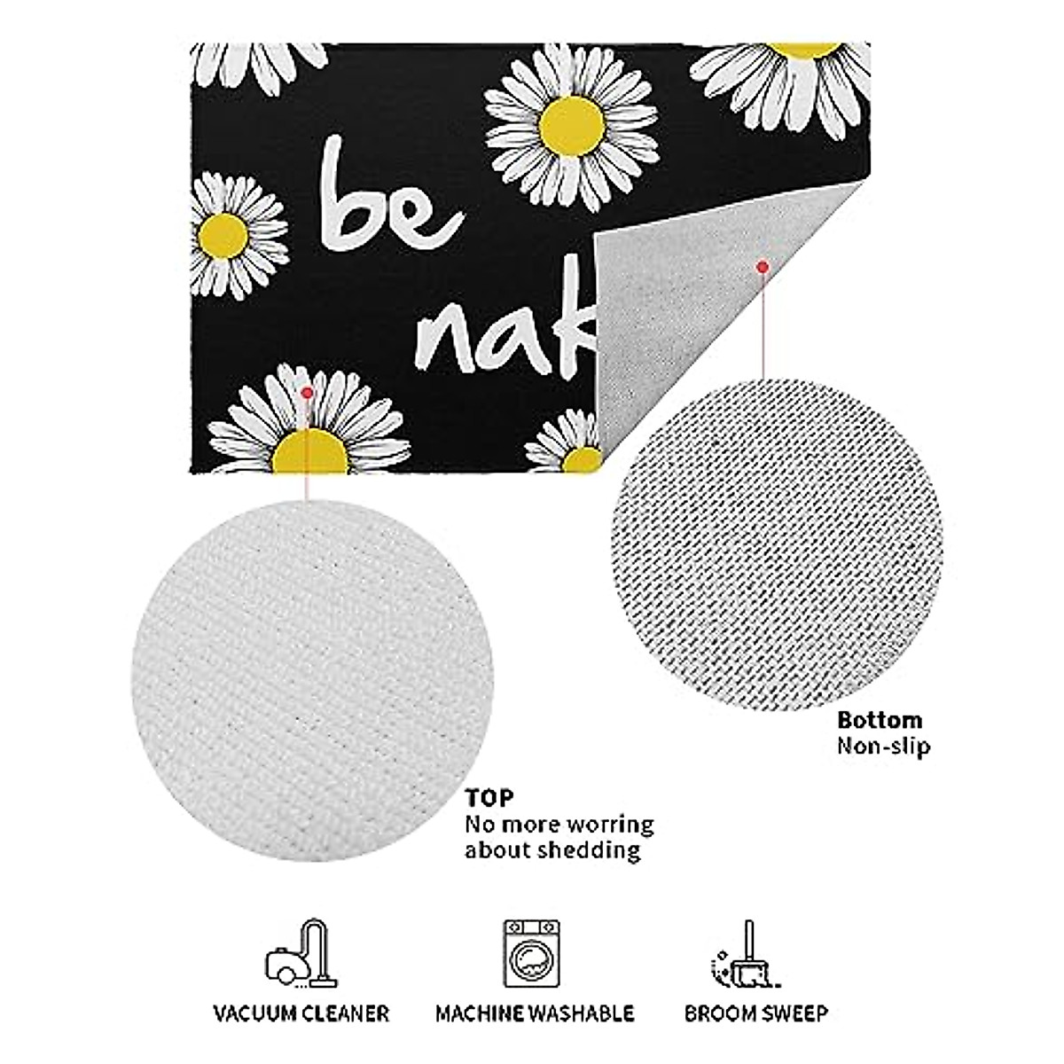 Indoor Door Mat Washable Mat 18x30 Inch - Outdoor Non-Slip Mat Absorbent Resist Dirt Doormats Be Naked Little Daisy Tile Pattern Black Floor Mat for Entryway Patio Bathroom