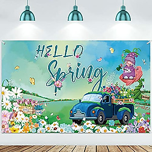 Hello Spring Decorations Spring Easter Photography Banner Gnome Blue Truck Daisy Backdrop Butterfly Flowers Background for Holiday Photo Prop Booth Indoor Outdoor, 43.3'' x 72.8''