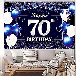 P.G Collin Happy 70th Birthday Banner Backdrop Sign Background 70 Birthday Party Decorations Supplies for Him Men 6 x 4ft Blue Purple
