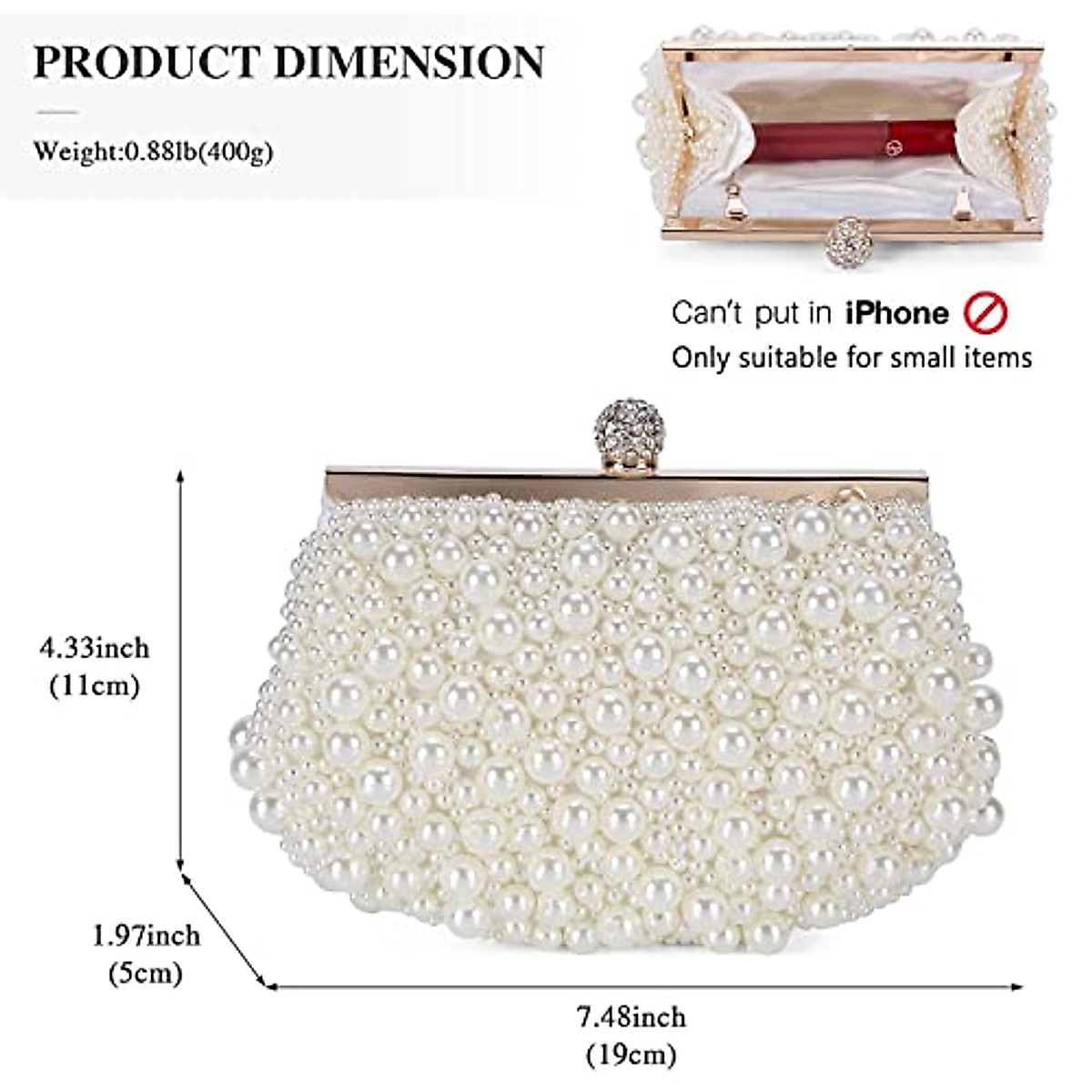 UBORSE Pearl Beaded Clutch Evening Bags for Women Formal Bridal Wedding Clutch Purse Prom Cocktail Party Handbags (One Size, White)