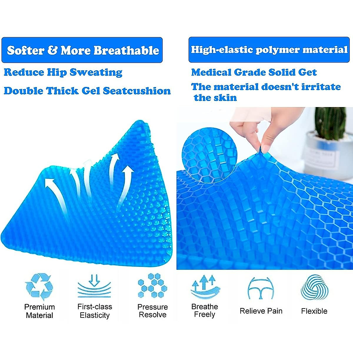 Renyqatt Gel Seat Cushion,with Non-Slip Cover,1.65inch Double Thick Office Chair Seat Cushion,Breathable Honeycomb Pain Relief Sciatica Egg Crate Cushion for Office Chair Car Wheelchair