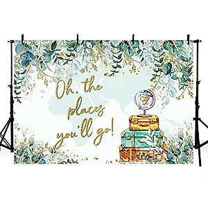 MEHOFOND 7x5ft Oh The Places You'll Go Backdrop Baby Shower Party Decorations Summer Greenery Eucalyptus Leaves Adventure Awaits Photography Background Photo Studio Props