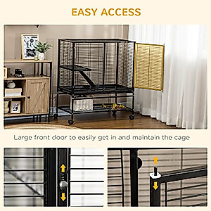 PawHut Guinea Pig Cage with Tray, Small Animal Habitat, Metal Wire Chinchilla Cage, Hedgehog Cage, Pet Ferret Cage with Wheels & Storage Shelf, Little Critter Cage