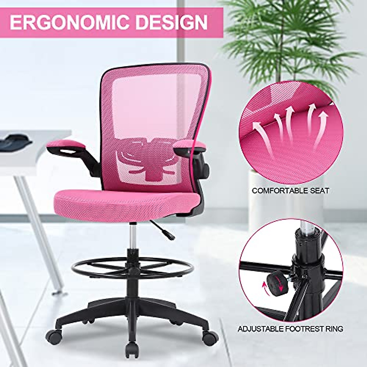 Drafting Chair Tall Office Chair Mid-Back Mesh Ergonomic Computer Chair High Adjustable Standing Desk Chair with Lumbar Support Adjustable Foot Ring and Flip-Up Arms (Pink)