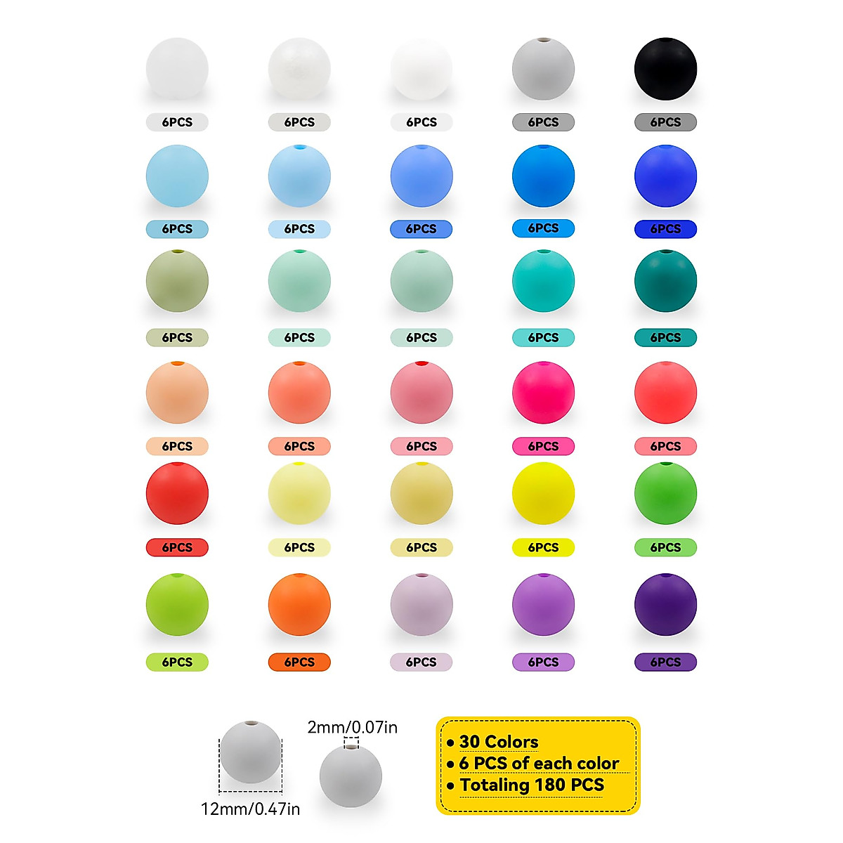 180PCS FIVEIZERO Silicone Beads, 30 Colors 12mm Silicone Beads Focal Beads Rubber Round Beads Mixed Color Silicone Lentil Beads Bulk for DIY and Keychain Accessories Silicone Beads Crafts Making