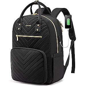 LOVEVOOK Quilted Laptop Backpack for Women, Large Capacity Travel Backpack with Luggage Strap, Stylish Women Backpack with USB Port, Waterproof Anti-Theft Work Backpack for Business Casual Black