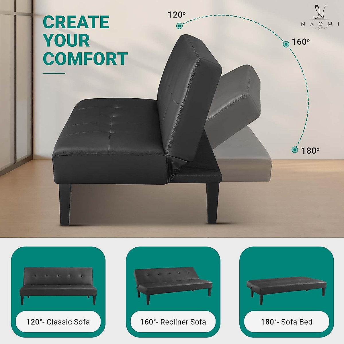 Naomi Home Button Tufted Futon Sofa Bed, Faux Leather Futon Couch, Modern Convertible Folding Sofa Bed Couch with Wooden Legs, Reclining Small Couch Bed, Futon Bed for Living Room, Dorm Black